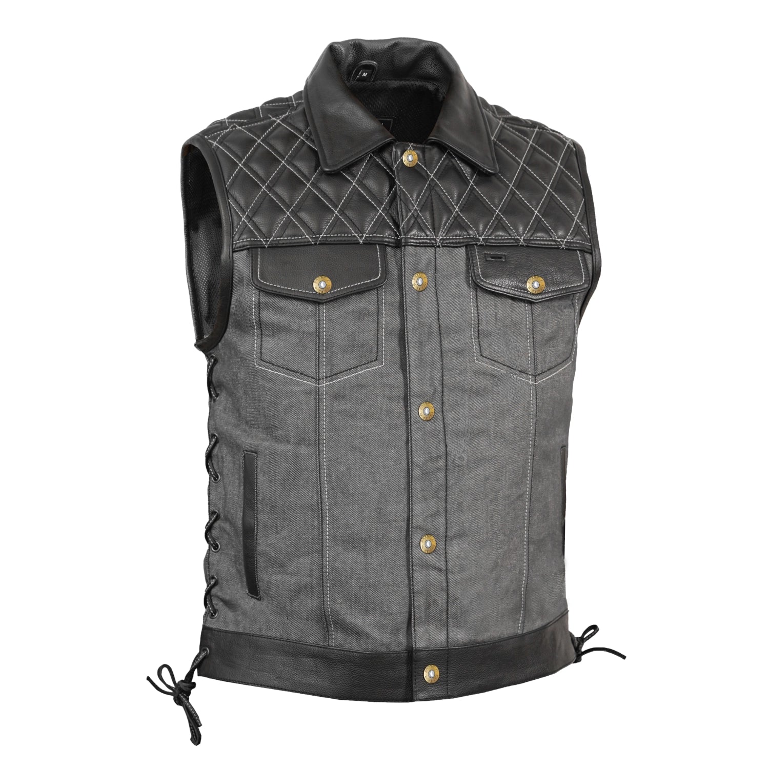 Gray Gunner™ Men’s Denim Motorcycle Vest - Leather Edition